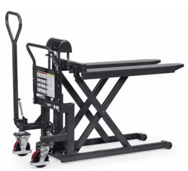 Transpalette à ciseaux avec dossier de poussée et timon traction